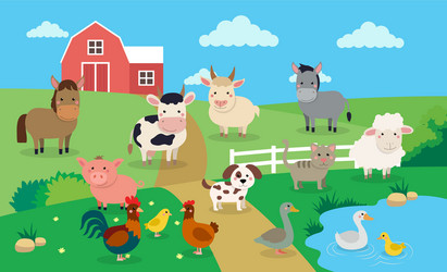 Cartoon farm animals with nature background Vector Image