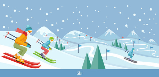 Happy children skiing flat poster Royalty Free Vector Image