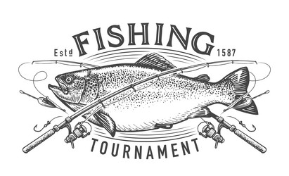 Fishing emblem big fish and crossed rods Vector Image