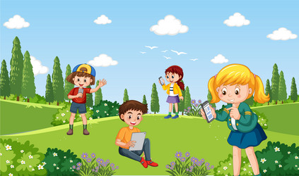 Outdoor office with woman working on laptop Vector Image