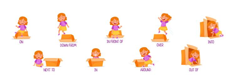 Little girl with carton box as prepositions Vector Image