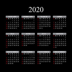 Calendar for 2020 year on black Royalty Free Vector Image
