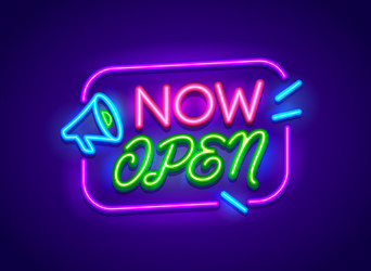 Now open typography glowing neon banner isolated Vector Image