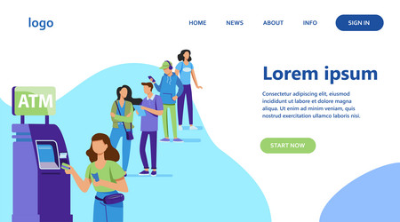 Queue of people standing for using atm Royalty Free Vector