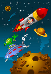 Space scene with rocket and alien Royalty Free Vector Image