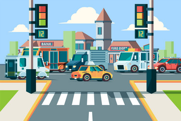 Cartoon city crossroad with traffic lights Vector Image