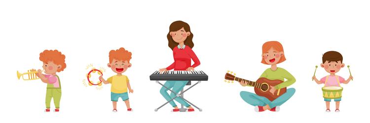 Funny kid characters playing musical instruments Vector Image