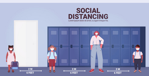 Children wearing surgical masks listening teacher Vector Image