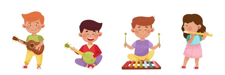 Funny kid character playing musical instrument Vector Image