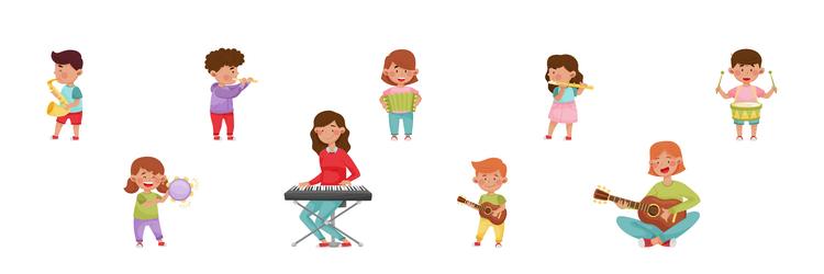 Funny kid characters playing musical instruments Vector Image