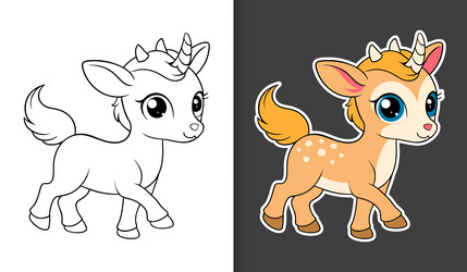 Deer unicorn character coloring page with sticker Vector Image