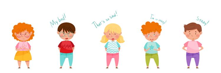 Upset kid feel guilty and sorry expressing regret Vector Image