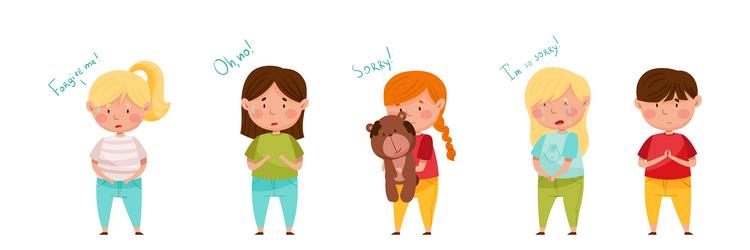 Upset kid feel guilty and sorry expressing regret Vector Image