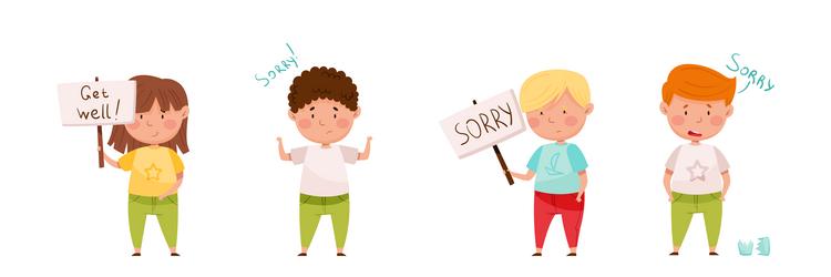 Upset kid feel guilty and sorry expressing regret Vector Image