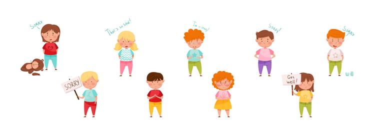 Upset kid feel guilty and sorry expressing regret Vector Image