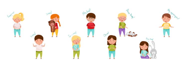 Upset kid feel guilty and sorry expressing regret Vector Image