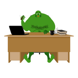 Internet trol big green monster and laptop Vector Image