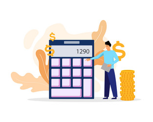 Smiling cartoon guy marks his expenses on paper Vector Image