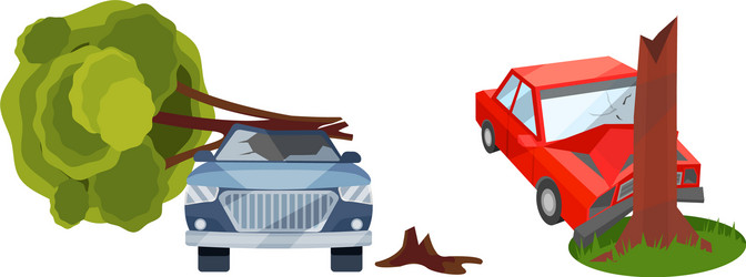 Car hitting against tree trunk causing wreckage Vector Image