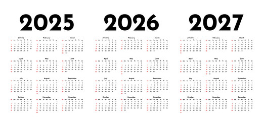 Set of calendars for 2025 2026 2027 and 2028 Vector Image
