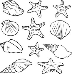 Black and white silhouettes seashells Royalty Free Vector