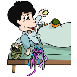 Drawing of a crying lad in bed Royalty Free Vector Image