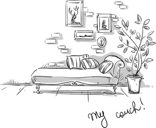 Hand drawn couch with lamps and shelves Royalty Free Vector