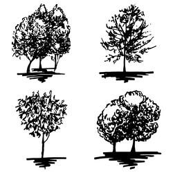 Monochrome tree silhouette sketched line art set Vector Image
