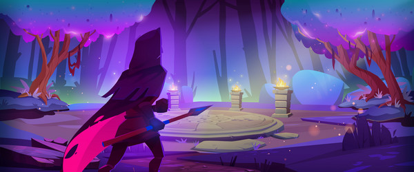 Fantasy ranger in cape with spear night forest Vector Image