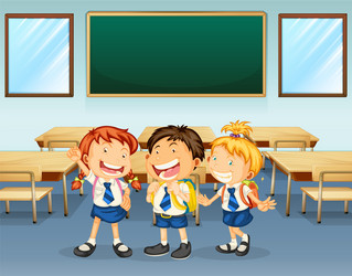Three students drawing on blackboard Royalty Free Vector