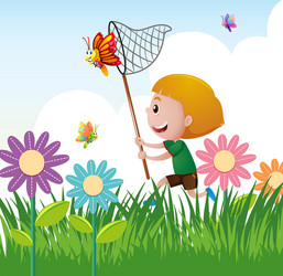 Little boy catching butterfly in the park Vector Image