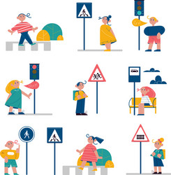 Little kid pedestrian learning road sign Vector Image