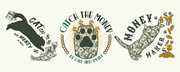 Set of labels with silhouette cat dollar bills Vector Image