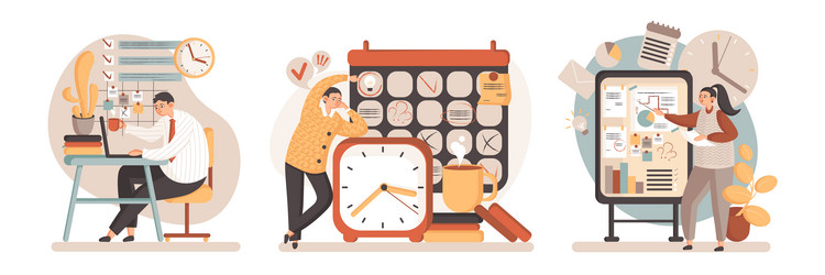 Three people organizing duties in order Royalty Free Vector