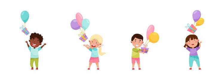 Happy kid characters catching gift box Royalty Free Vector