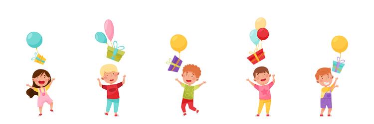 Happy kid characters catching gift box Royalty Free Vector