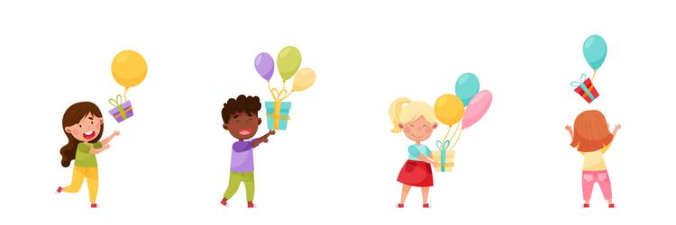 Kid characters throwing gift boxes with balloons Vector Image