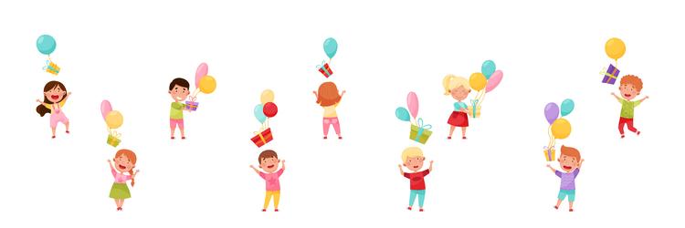 Happy kid characters catching gift box Royalty Free Vector