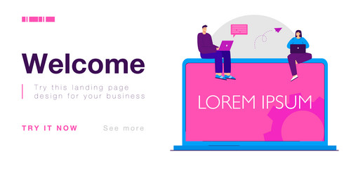Tiny characters sitting on laptop with lorem ipsum