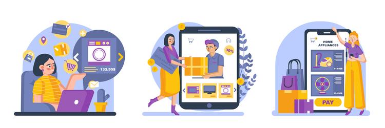 Three ladies purchasing household goods over Vector Image
