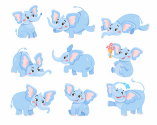 Cute blue baby elephant character lying with large