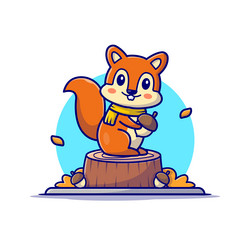 Happy cute squirrel holding acorn cartoon Vector Image