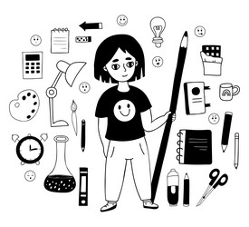 Collection educational doodles cute girl Vector Image