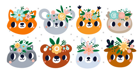 Cute animals with flower crowns and floral wreaths