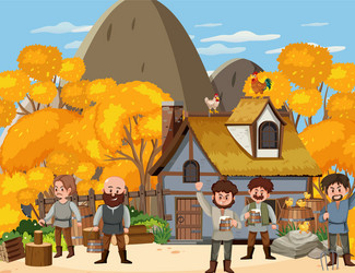 Medieval town scene with villagers Royalty Free Vector Image
