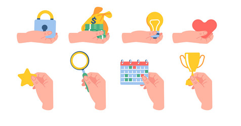 Hands holding objects human arm with various Vector Image