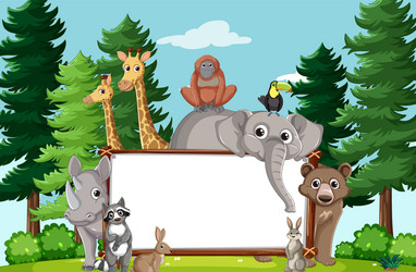 Cartoon animals around an empty white sign Vector Image