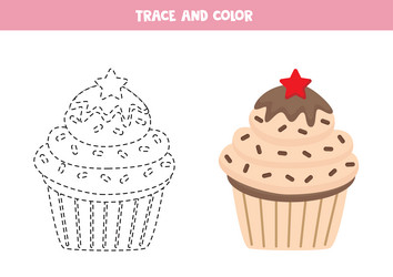 Trace and color cartoon cupcake worksheet Vector Image