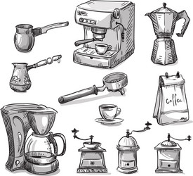 Set coffee themes cup grinder beans Royalty Free Vector