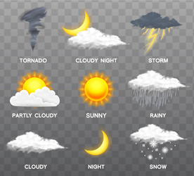 Realistic weather icons on transparent Royalty Free Vector
